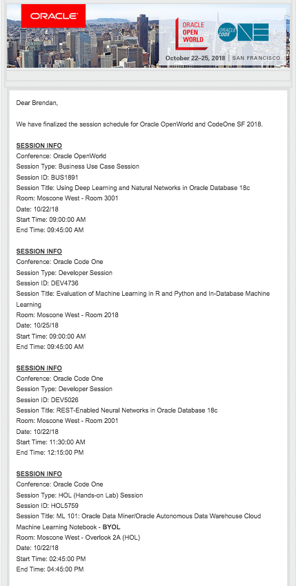OOW18 and Code One agendas with Date and Times « Ora-lytics